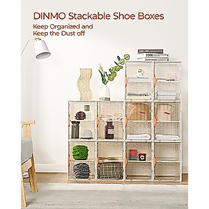 DINMO 10 Packs Shoe Box with Dividers, 20 Pairs, Clear Shoe Storage Organizer, Space Saving for Closet, Visualization, Foldable, White Transparent