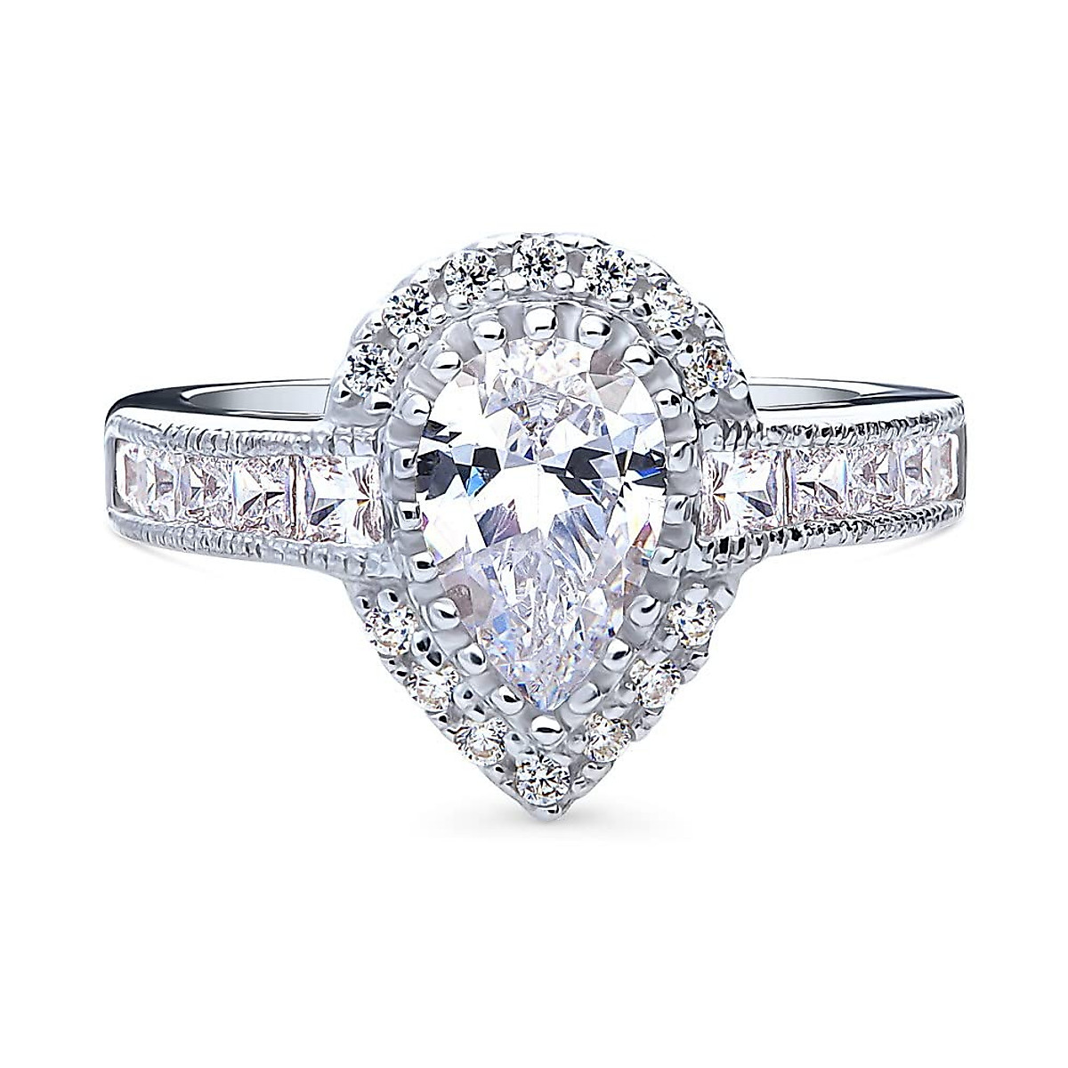 BERRICLE Sterling Silver Halo Wedding Engagement Rings Pear Cut Cubic Zirconia CZ Milgrain Ring for Women, Rhodium Plated Size 6