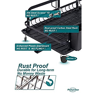 pretysnow Dish Drying Rack with Drainboard - 2 Tier Dish Racks for Kitchen Counter, Large Dishes Drainer with Auto Drainage, Carbon Steel Disk Strainer Set, Black