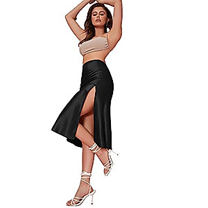 Verdusa Women's Satin Split Thigh High Waist Swing Midi Skirt Satin Black M
