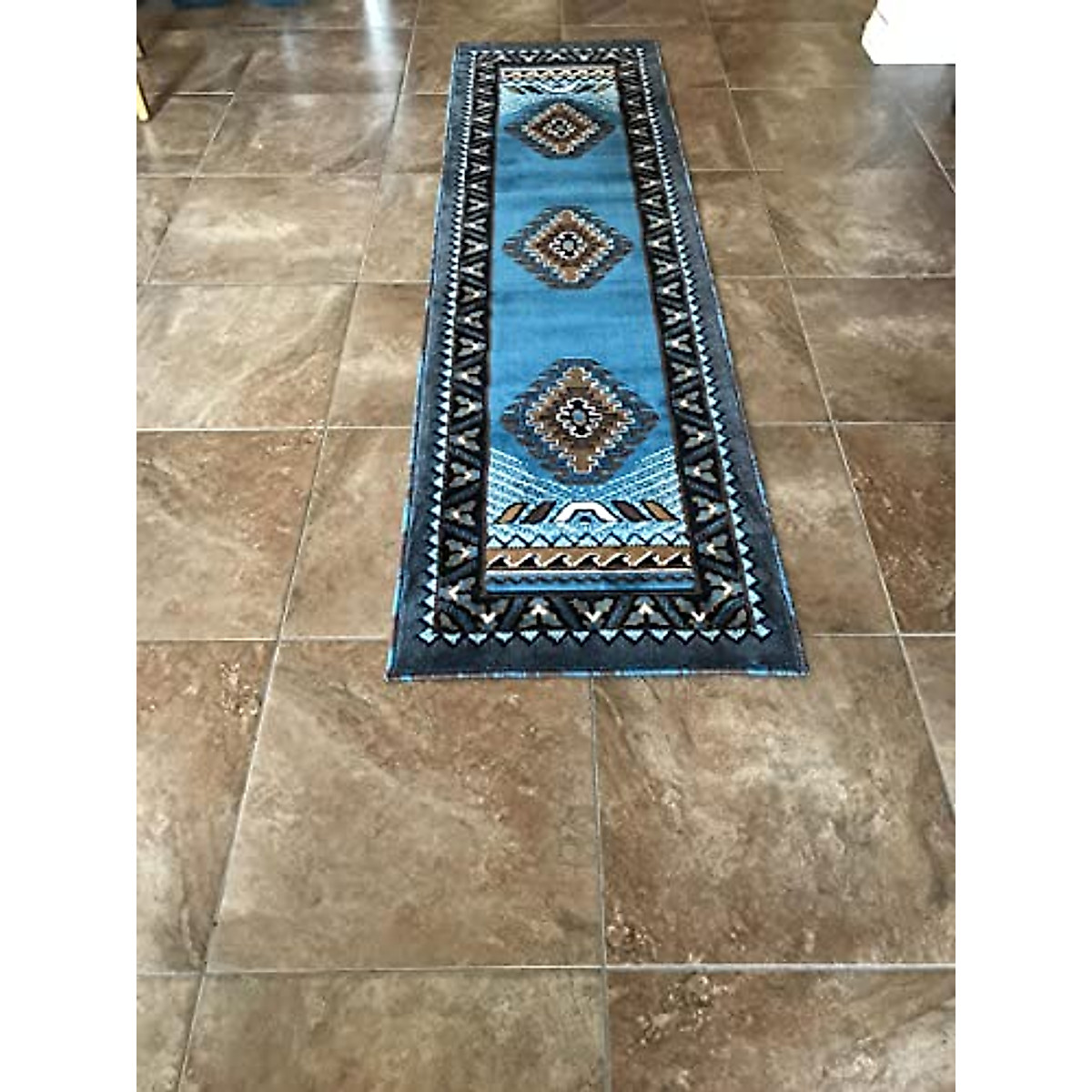 Kingdom Southwest Native American Runner Area Rug Blue & Brown Design D143 (2 Feet X 7 Feet)