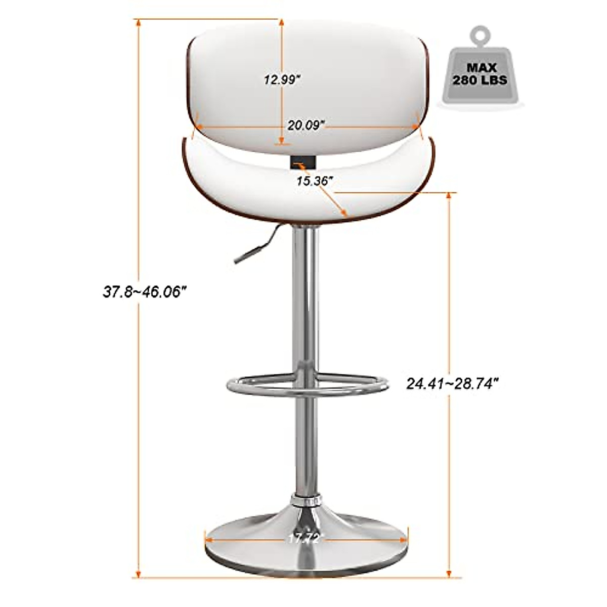 YaFiti Bar Stools Set of 2, Bentwood Adjustable Height Swivel Bar Stools, PU Leather Upholstered Bar Chair with Back and Footrest for Bar, Kitchen, Dining Room