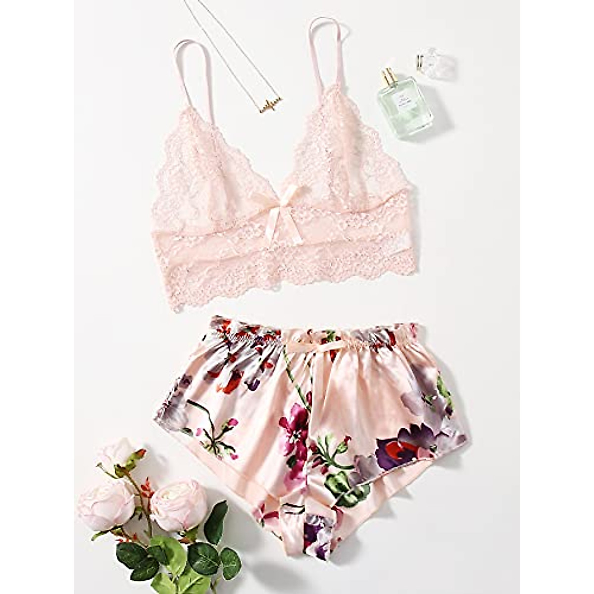 WDIRARA Women's Pajamas Set Lace Satin Lingerie with Cami Floral Shorts Sleepwear Pink L