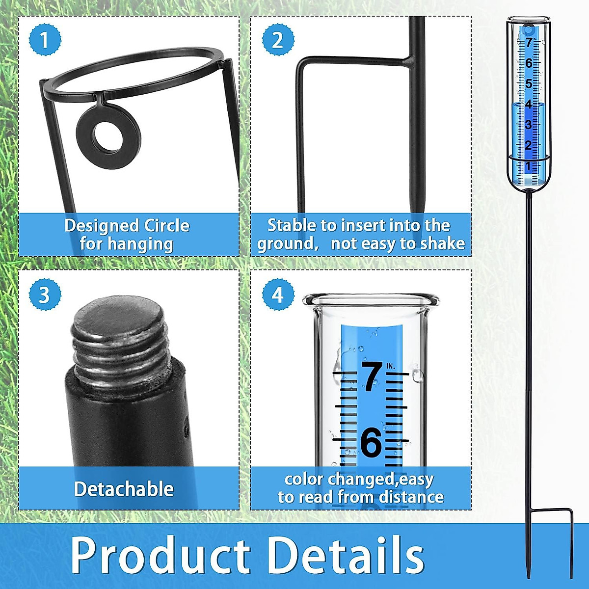 Richene Rain Gauge Upgrade, 7" Freeze-Proof Glass Rain Gauge Outdoor, Large Clear Numbers and Adjustable Height - Stylish and Practical Rain Measuring Tool for Garden, Lawn, Patio, and Farm Use