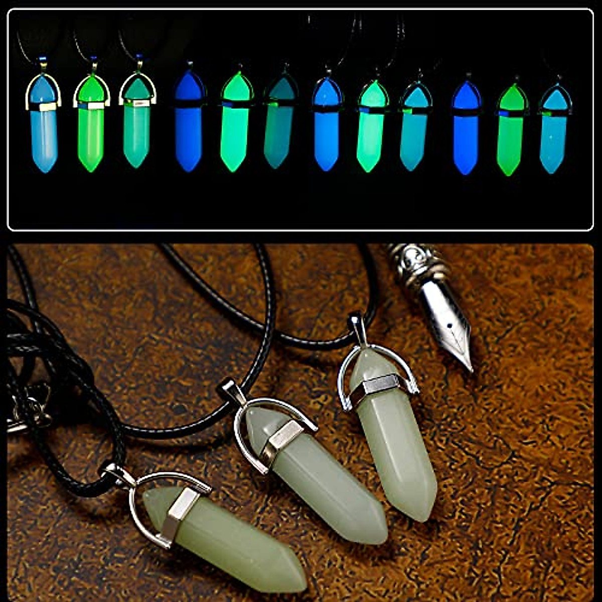 3 Pieces Halloween Luminous Fluorescent Crystal Necklaces Glow in the Dark Crystal Pendant Necklaces Hexagonal Gemstone Chain Necklaces