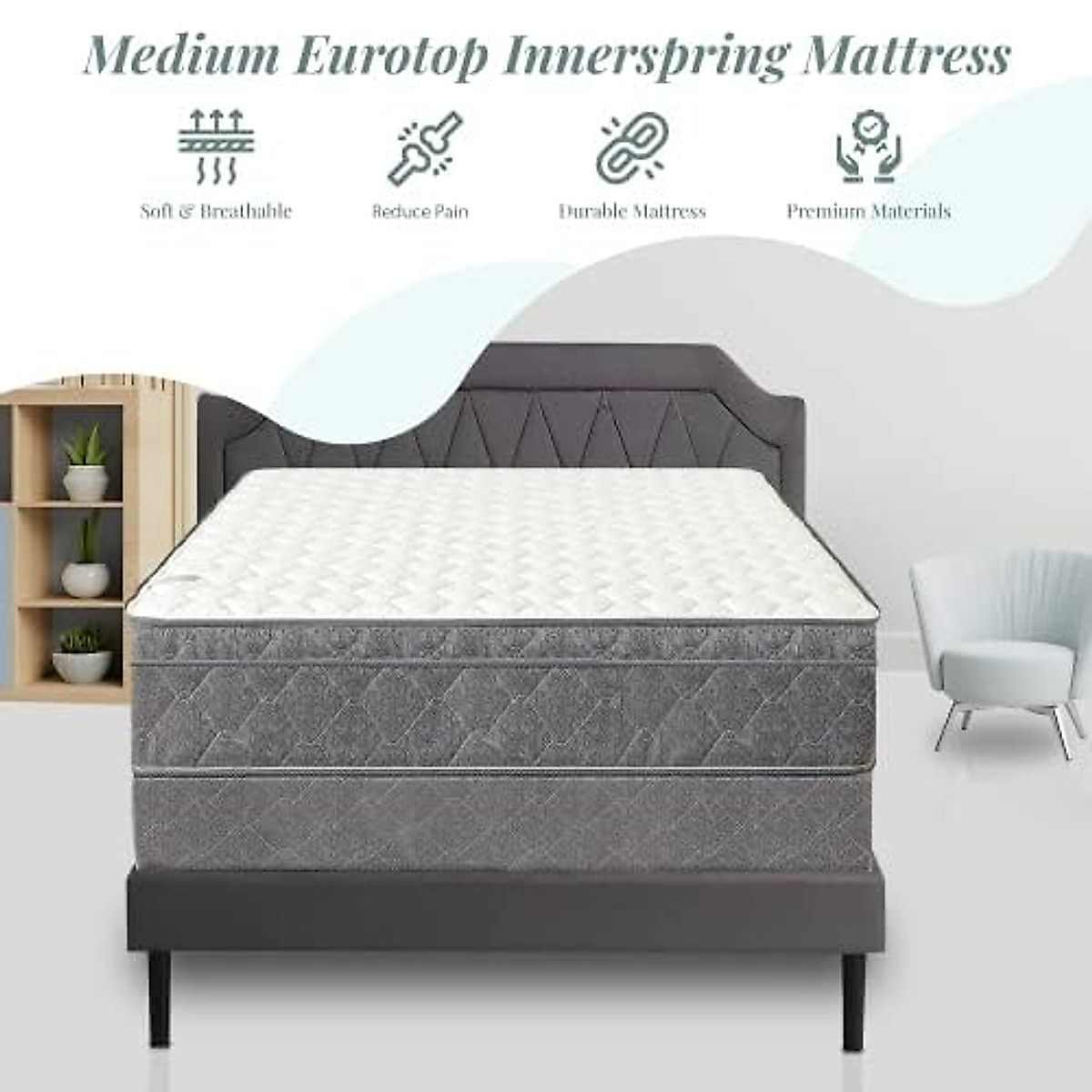 Nutan 10 Inch Foam Encased Mattress with Eurotop and 8 Inch Box Spring Bed Set, Comfy, and Soft Plush Mattresses Provide Soothing Sleep, Complete Body Support, and Pressure Relief, Twin
