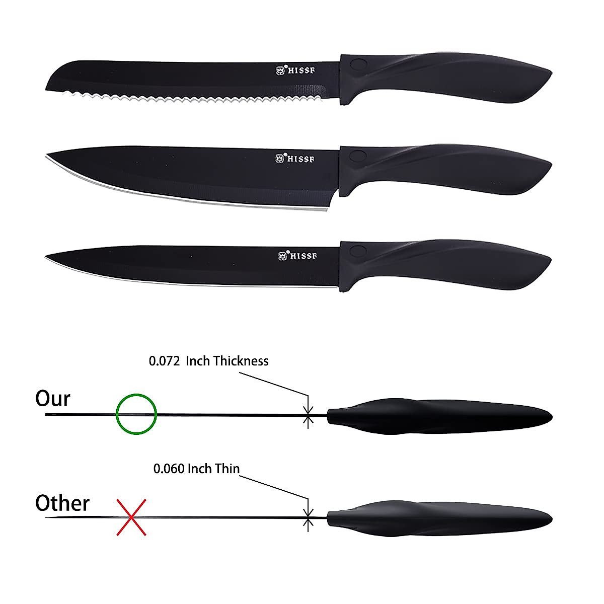 HISSF Chef Knife Set 7 Piece,Black High Carbon Stainless Steel Kitchen Knife Sets with Block Acrylic, Knife Block Set with Knife Sharpener Professional,Non Stick Coating for Rust Proof and Sharp