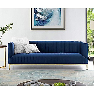 Posh Living Hayden Velvet Tuxedo Sofa with Y-Metal Base in Navy Blue/Gold
