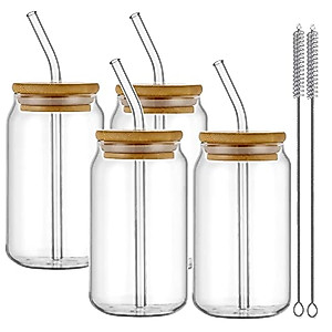CAKRETY Glasses with Bamboo Lids and Glass Straw 4pcs Set, 16oz Can Shaped Glass Cups, Beer Glasses, Iced Coffee Glasses, Soda, Gift 2 Cleaning Brushes