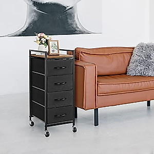 Fabric Dresser for Bedroom Vertical Dresser Storage Tower Nightstands Dresser with 4 Drawers Organizer Unit for Hallway Entryway Living Room Closets with Wood Top (Black)