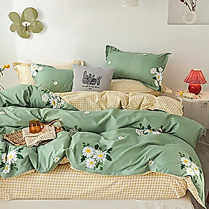 NTjinli Green Duvet Cover Queen Size-Chrysanthemum Queen Duvet Cover Set,100% Washed Microfiber Queen Comforter Set,1 Flower Duvet Cover 90x90 Inches with Zipper Closure and 2 Pillow Shams (King)