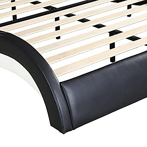King Size Bed Frame,Modern Faux Leather Platform Bed Frame with LED Lights/USB Charging Ports Headboard,Curve Design Upholstered Platform Bed with Smart Massage/Bluetooth Player (Black+MDF, King)