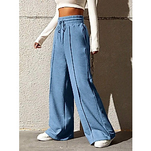 MISSACTIVER Women Casual High Waist Elastic Drawstring Baggy Sweatpants Workout Athletic Patchwork Wide Leg Joggers Pants Blue