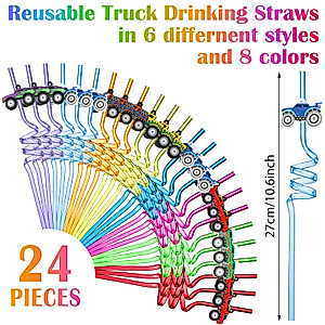 24 Pcs Truck Themed Straws 6 Styles Crazy Straws Reusable Colorful Twisty Plastic Drinking Straws Truck Birthday Party Race Car Party Supplies Baby Shower Favors for Kids Boys