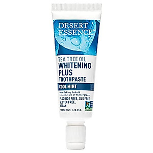 Desert Essence Tea Tree Oil Whitening Toothpaste Travel Size, 1 oz - Flouride Free, Gluten Free, Vegan, Non-GMO - with Bamboo Stem Fiber, Baking Soda, Tea Tree Oil for Whitening Teeth & Fresh Breath