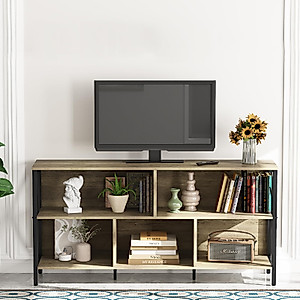 Horizontal Bookshelf,Industrial Modern 5 Cube Low Wide Cubby Bookcase,Long Wood and Metal Storage Organizer Open Shelf, Short Book Shelf Bedroom Storage for Home Office Living Room(Rustic Oak,5 Cube)