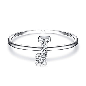 EleQueen 925 Sterling Silver CZ Initial Letter J Ring for Women Girls, Adjustable Stackable Ring for Engagement Wedding