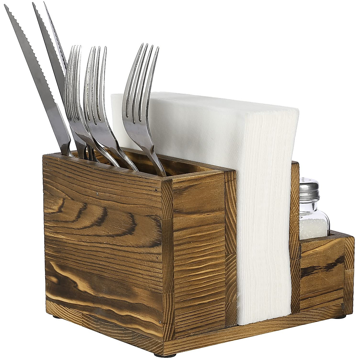 MyGift 4 Piece Set Rustic Brown Solid Wood Napkin and Salt & Pepper Shaker and Flatware Holder Caddy with 4 Compartments, 3 Seasoning Jar Bottles and Chalkboard Label