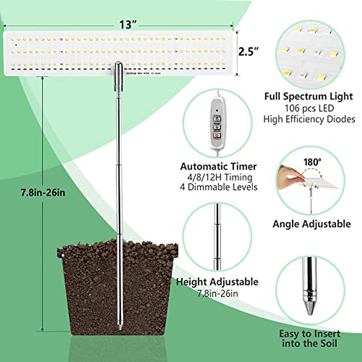 LORDEM Plant Grow Light, Full Spectrum LED Grow Light for Indoor Plants, Growing Lamp with 4 Dimmable Brightness, Auto On/Off Timer 4/8/12H, 26" Height Adjustable, Suitable for Plant Growth