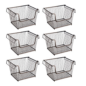 mDesign Modern Stackable Metal Food Storage Organizer Bin Basket with Handles, Open Front for Kitchen Cabinets, Pantry, Closets, Bedrooms, Bathrooms - Large, 6 Pack - Bronze