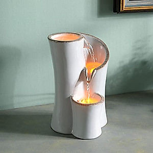 Indoor Water Fountain Imitation Ceramics Appearance Tabletop Fountain Relaxation Desktop Waterfall Fountain w/ 3 Reflective led, 9.8 Inch Tall Fountain (Grey)