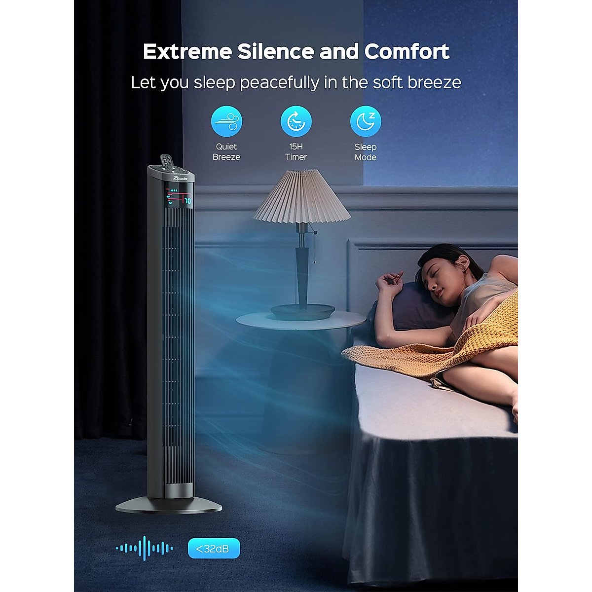 ZICOOLER 37" Tower Fan, Large Airflow 70° Oscillating Fan with Remote, 32dB Quiet Fan with 3 Modes, LED Display, 15H Timer, 3 Speeds, Standing Fan for Bedroom, Home, Office