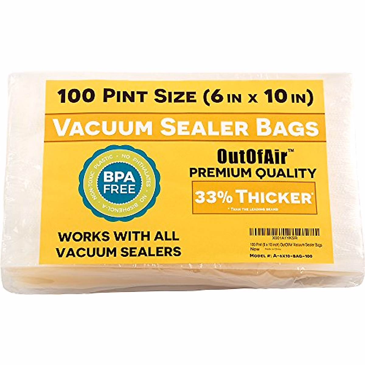 100 Vacuum Sealer Bags: Pint Size (6" x 10") by OutOfAir Works with FoodSaver & Other Machines - 33% Thicker BPA Free, Commercial Grade, 6 x 10 inches