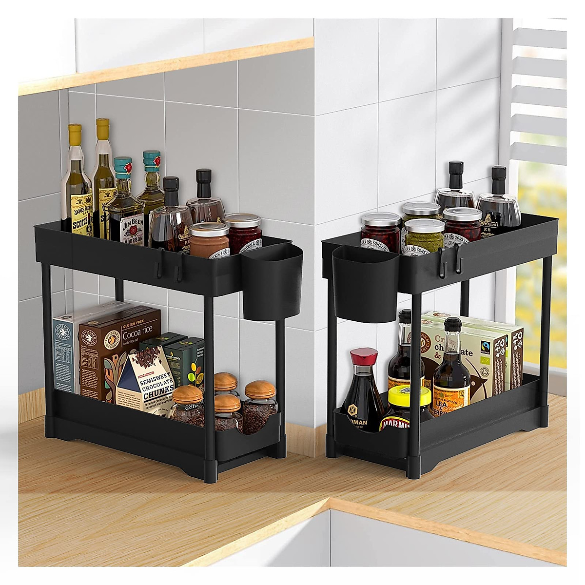 2 Pack Under Sink Organizers and Storage with Sliding Drawer, 2 Tier Under Sink Storage Rack for Bathroom Kitchen, Under Cabinet Counter Storage Shelf Organizer with Hooks & Hanging Cups (Black)