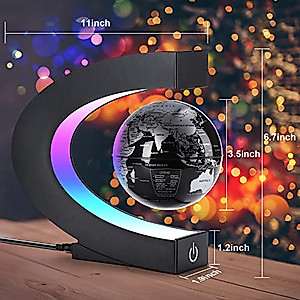 Floating Globe with LED Lights and Touch Switch C Shape Magnetic Levitation Floating Globe World Map for Desk Decoration (Black_Silver)