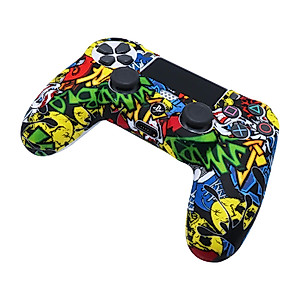 Transfer Printing Anime Silicone Cover Skin Case For Sony PS4/Slim /Pro Dualshock 4 Controller ,Soft Anti Slip Camouflage Silicone cover with thumb grip cap accessories x 10 (Monster spray painting)