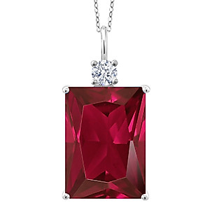 Gem Stone King 20.00 Cttw Red Created Ruby Pendant Necklace For Women In 925 Sterling Silver | Emerald Cut 18X13MM | With 18 Inch Silver Chain