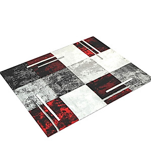 Paco Home Designer Rug Modern with Contour Cut Chequered in Silver Black Red, Size: 5'3" x 7'7"