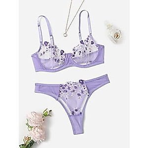WDIRARA Women's Floral Embroidery Underwire 2 Piece Lingerie Set Mesh Bra and Panty Set Purple M