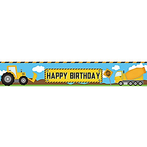 ZDX Construction Theme Happy Birthday Banner 118'' x 20'' Large Indoor Outdoor Decorations Yard Sign Excavator Dump Trucks Boy Birthday Party Banner Supplies Cake Table Photo Background