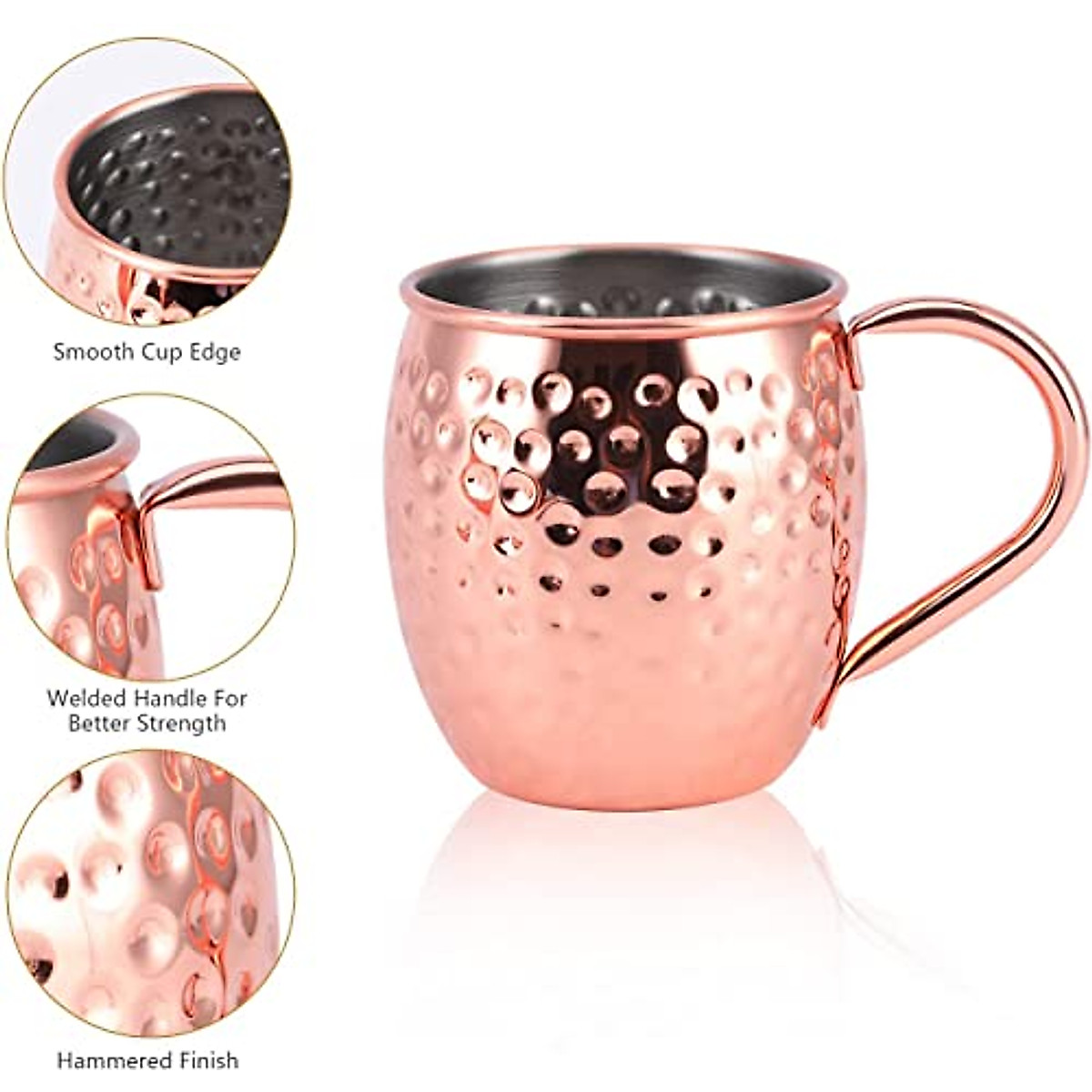 Moscow Mule Mugs Set of 4, Hammered Copper Moscow Mule Mug | Stainless Steel Lining, Copper Plating Cups with Gold Brass Handles Moscow Mule Copper Mug
