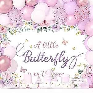 SVBright Butterfly Floral Baby Shower Backdrop 7Wx5H A Little Butterfly is on The Way Pink Purple Flowers Girls Princess Gold Dots Party Decorations Photography Background Banner Photo Booth Studio