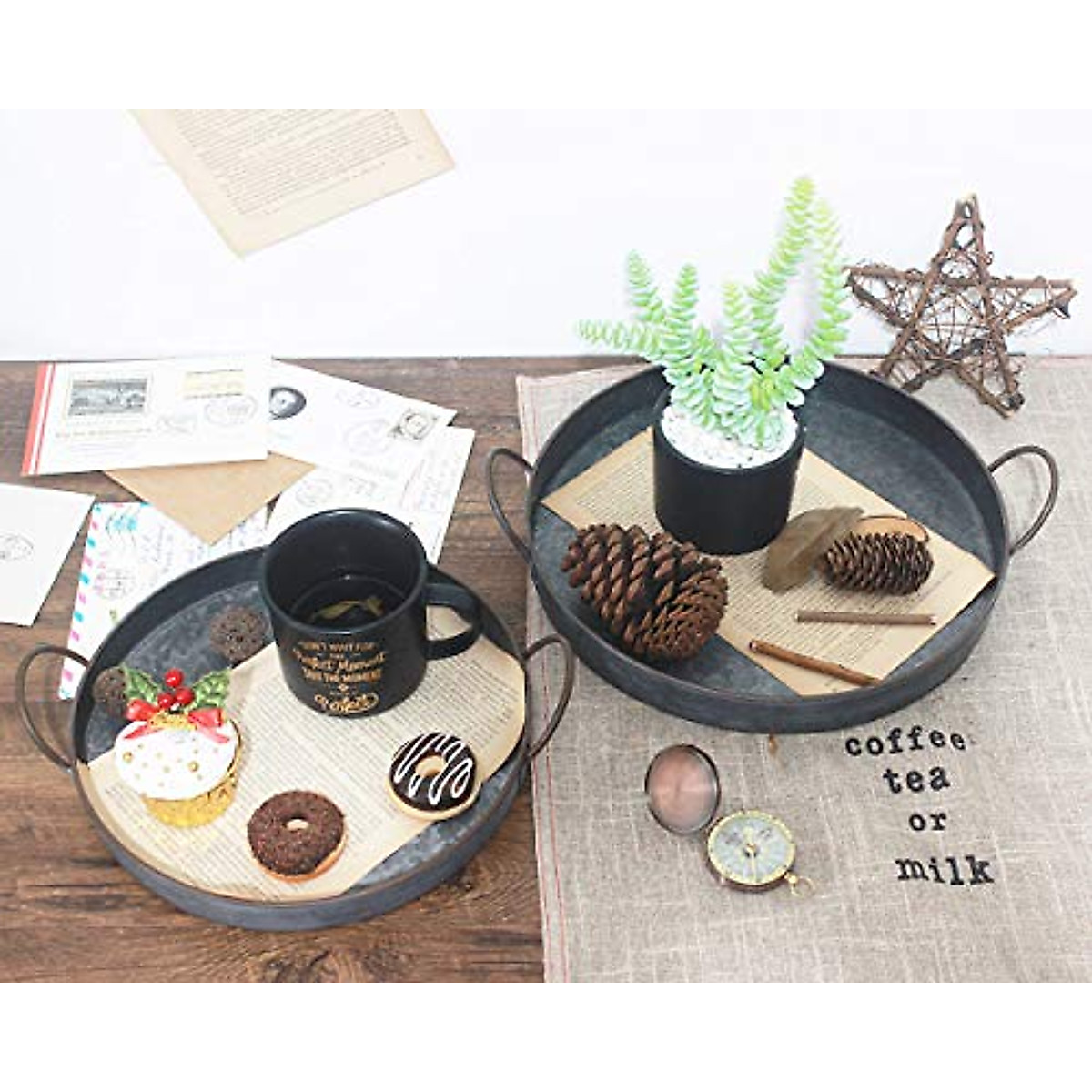 Funerom 11.8 inchs Round Galvanized Metal Round Tray with Handles