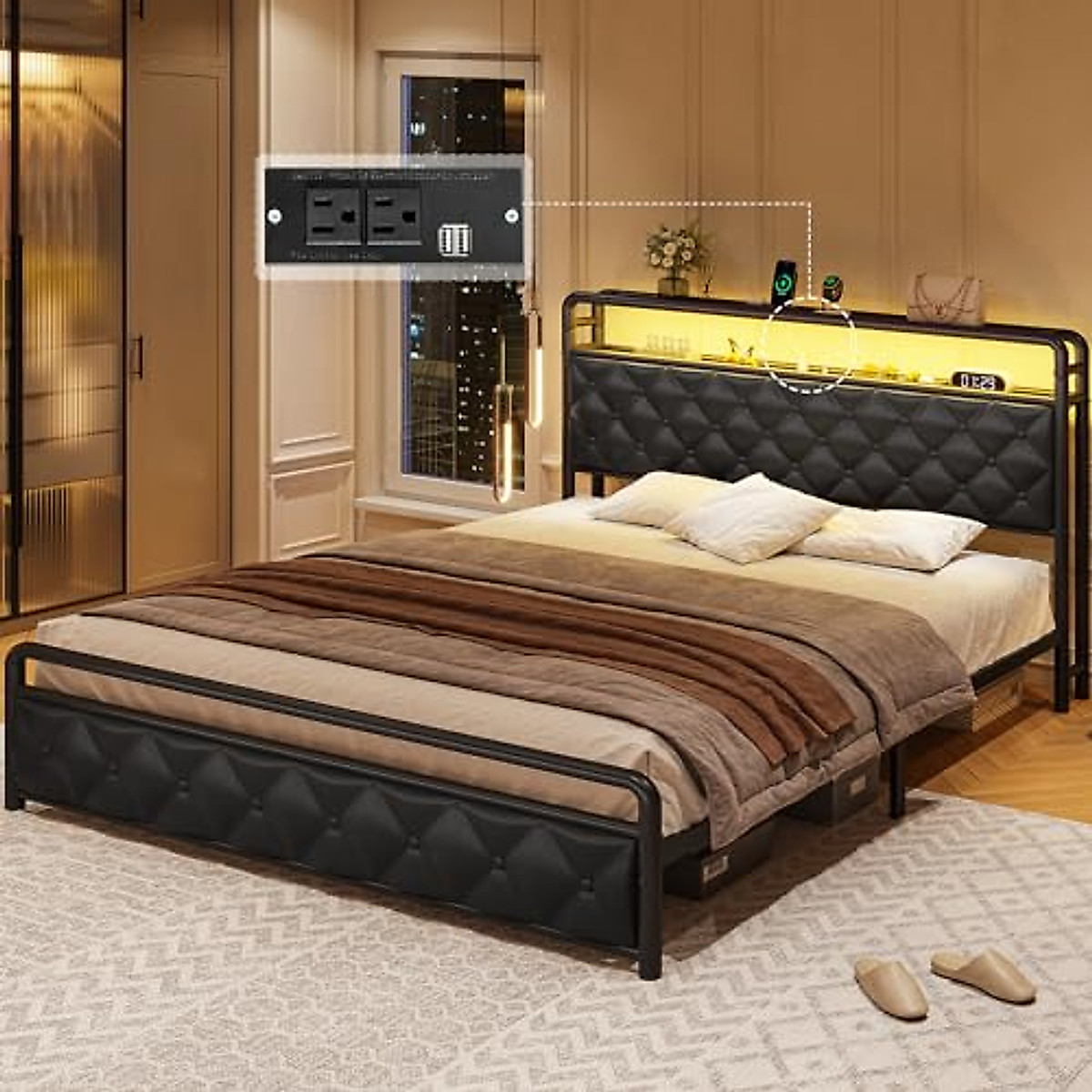 ADORNEVE Queen LED Bed Frame with Storage Headboard,Faux Leather Queen Size Platform Bed Frame with Power Outlets & USB Ports,Noise-Free,Black