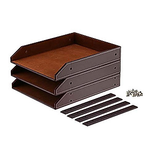 Leather Desk Organizer, 95store 3-Tier Stackable Document Tray, Perfect Desktop Organization Holder for Files, Folder, Stationery, Magazine, Newspaper, Mail, Office Supplies (Brown)