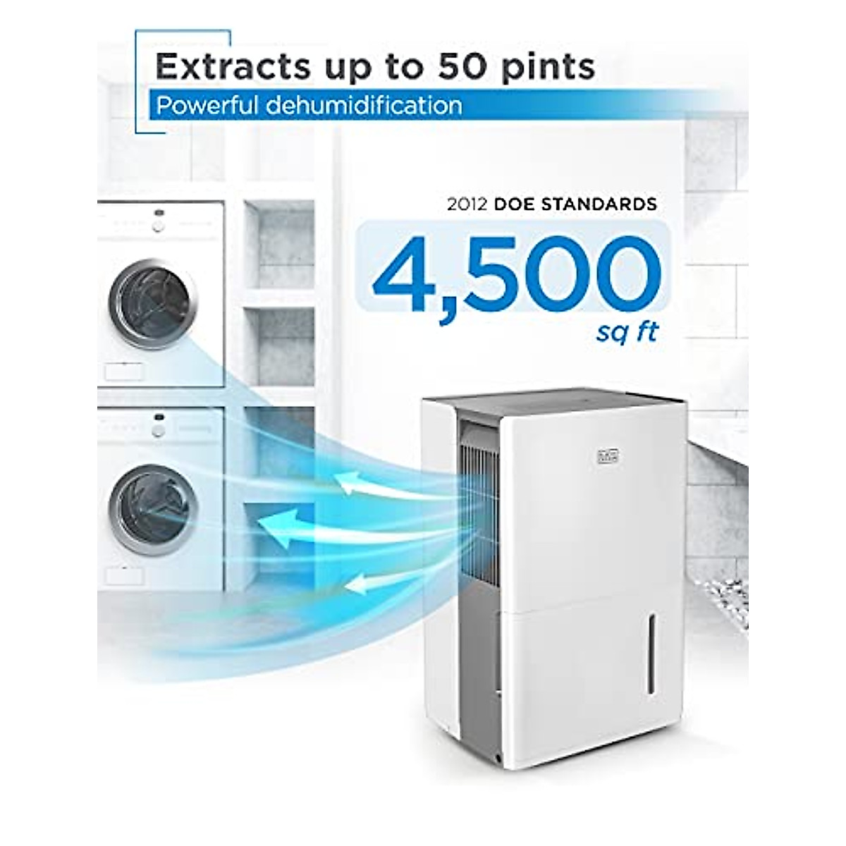 BLACK+DECKER 4500 Sq. Ft. Dehumidifier with Built-In Drain Pump for Continuous Drainage, for Large Spaces and Basements, Energy Star, Digital, BD50PMWSA, White