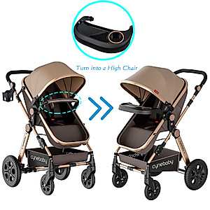 Newborn&Infant&Toddler Foldable All-Terrain High Landscape Baby Stroller Aluminum Alloy 2 in 1 Convertible Reversible Bassinet Pram,Convertible with Detachable Foot Cover and Tray