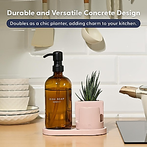 MaisoNovo Concrete Sink Sponge Holder - Kitchen Sponge Holder for Sink, Concrete Sponge and Brush Holder, Soap Dispenser, Pink Concrete Holder with Pink Oval Tray and Amber Bottle Black Pump