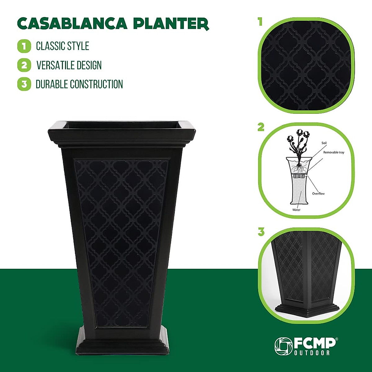 FCMP Outdoor Casablanca Self-Watering Planter (2-Pack) – Set of 2 Large Planters for Porch, Patio, Outdoor/Indoor (MOD-CP3000-BLK-2) Black (24-inch Tall)