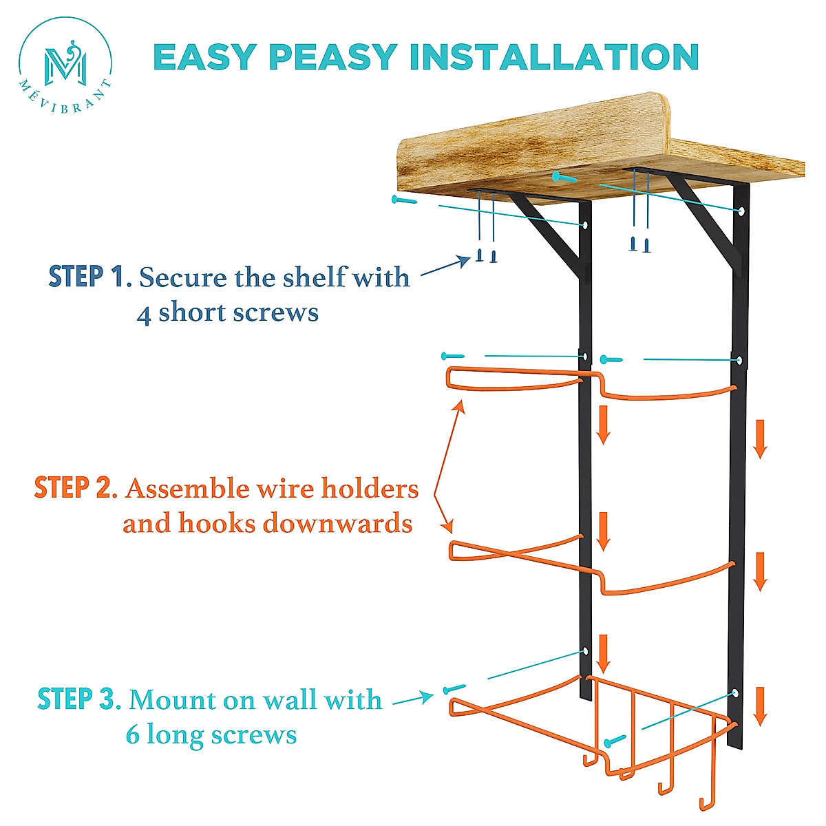 Yoga Mat Holder Wall Mount - 3 Tier Rack and 1 Wood Shelf with 4 Hooks - Ideal Storage Organizer for Home Gym Equipment and Workout Exercise Accessories and Easy to Install