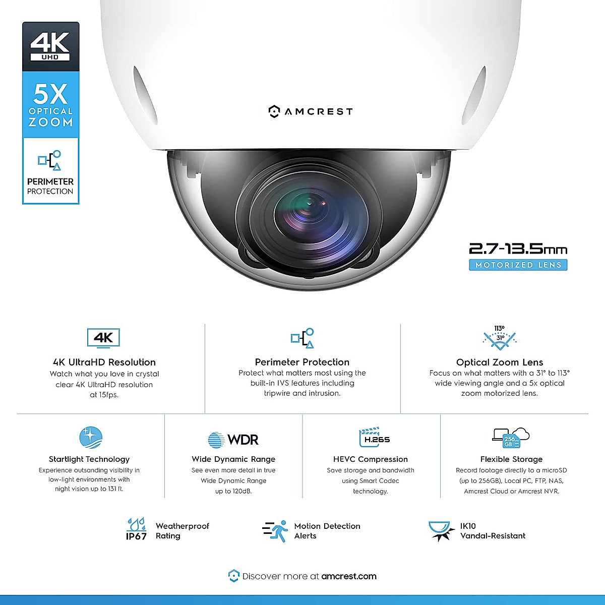 Amcrest 4K Optical Zoom IP Camera, Varifocal 8MP Outdoor POE Camera Dome, Security Camera, 2.7mm~13.5mm Lens, IP67 Weatherproof, IK10 Vandal Resistant, MicroSD Recording (IP8M-VD2793EW)