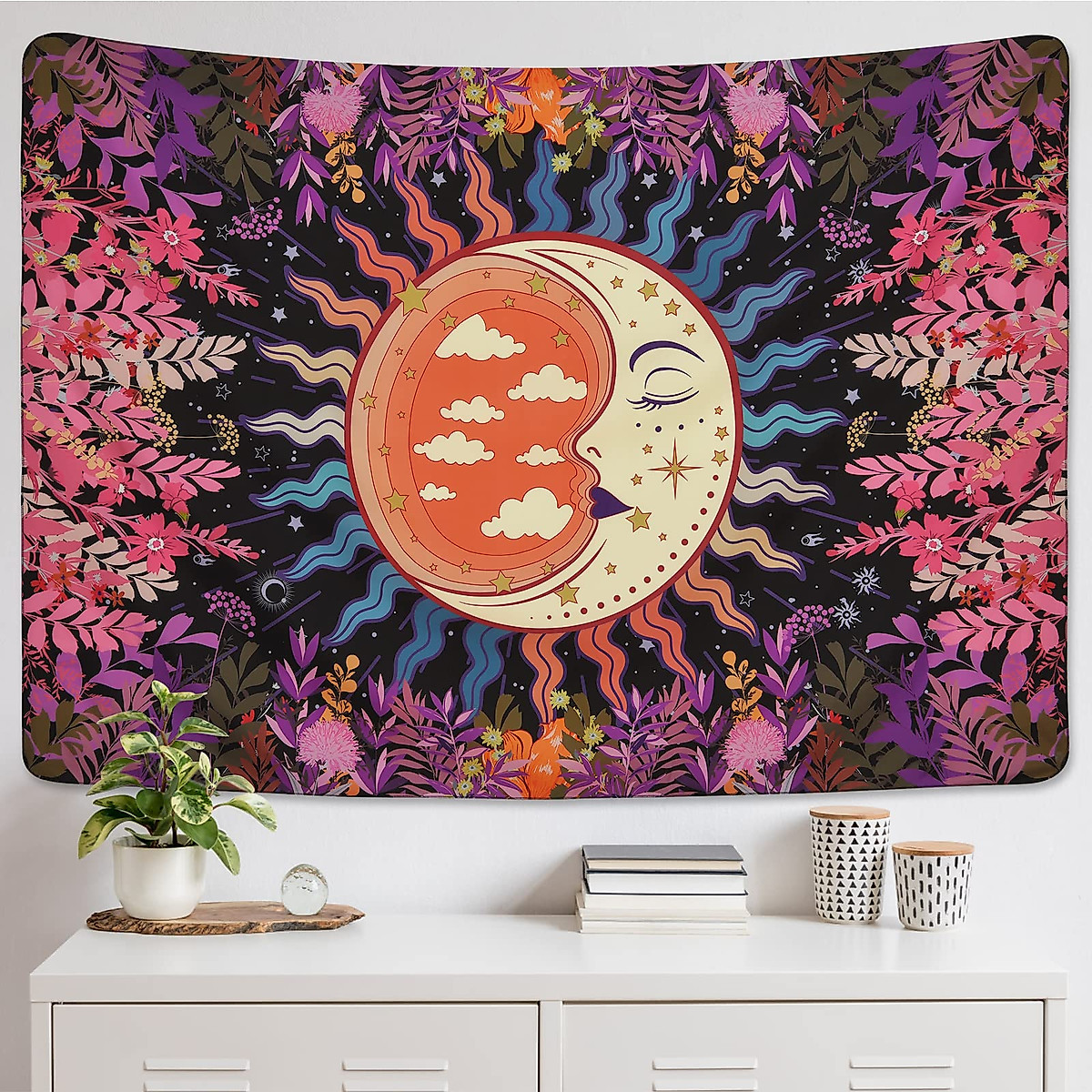 Uspring Moon Garden Tapestry Plants Flowers Tapestries Moon and Stars Tapestry Mandala Wall Tapestry Mystical Colorful Tapestry Wall Hanging for Room (36 × 48 inches)