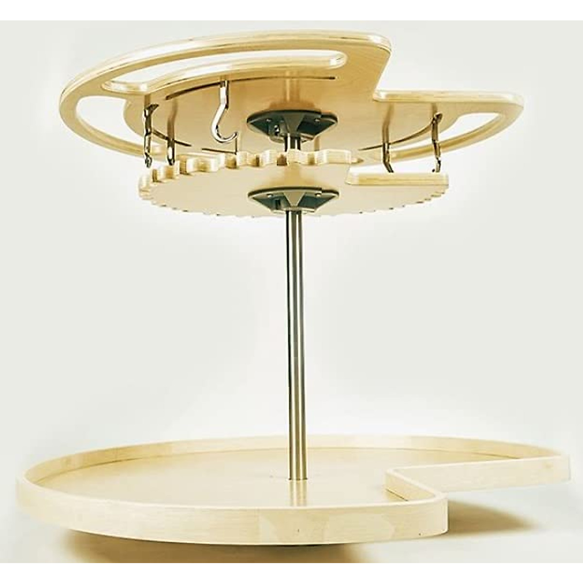 Wood Kidney Shape Swiveling Lazy Susan Hooks Pots and Pans Organizer with 7 Metal for Corner Base Cabinet (28" Diameter)