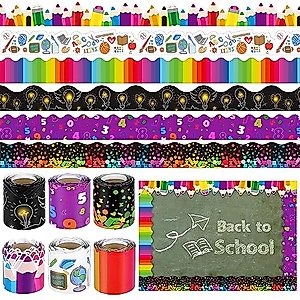durony 6 Rolls 196.85 Feet Colorful Classroom Borders Bulletin Board Borders Colorful Scalloped Border Trim Back to School Classroom Decorations with Adhesive Dots for Classroom School Decor, 6 Style