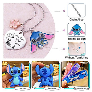 FETELAZ Stitch Stuff Merch Gifts Set, Include Drawstring Bag Backpack Coin Wallet Stickers Lanyard Necklace Bracelet Keychain Phone Holder Button Pins for Girls Teens Adults