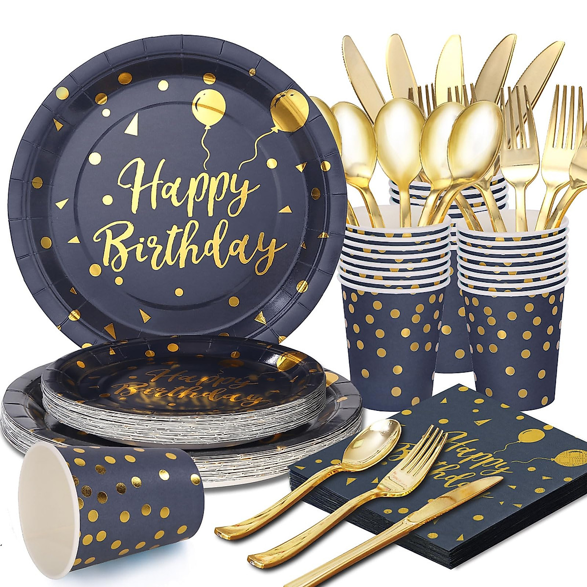 joy akkess 175 Pcs Blue Birthday Party Supplies - Blue Birthday Plates and Napkins Set Serves 25 - Blue and Gold Birthday Plates Napkins Cups Cutlery for Men Happy Birthday Party Decorations